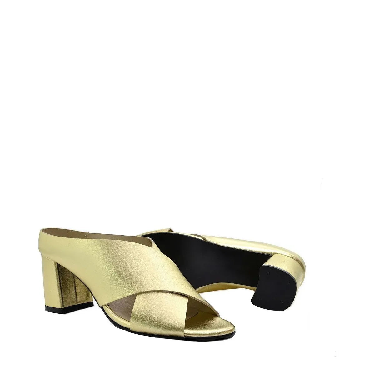 Women's EYE Cross Over Block Heel Leather Mule Sandals L 47 - Gold ...